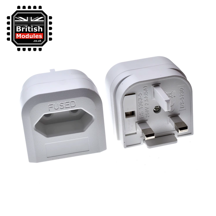 EU 2 Pin to UK 3 Pin Plug Adapter White Converter with 3A Fuse – British Modules